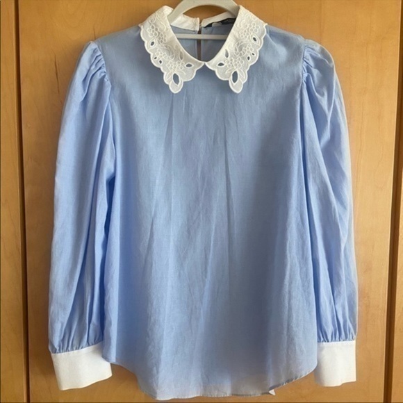 Zara | Tops | Zara Contrasting Poplin Blouse Peter Pan Neck | Poshmark